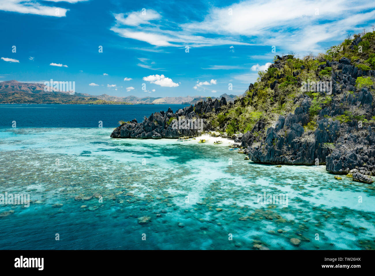 Aerial view of beautiful lagoons and limestone cliffs of Coron, Palawan ...