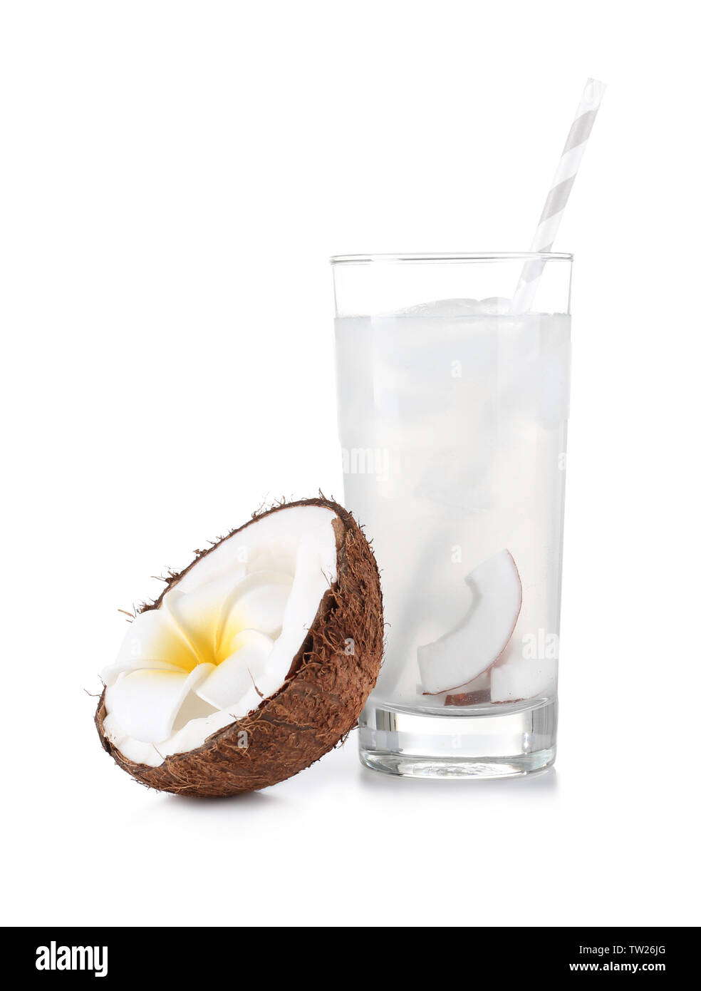 Glass of coconut water and fresh nut on white background Stock Photo ...