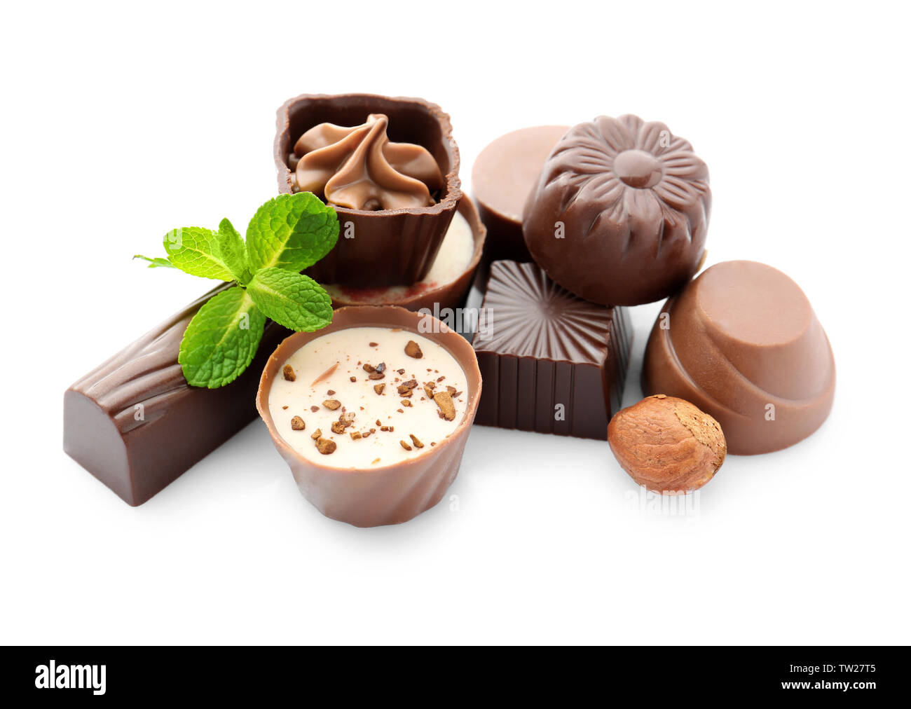 Delicious chocolate candies, isolated on white Stock Photo - Alamy