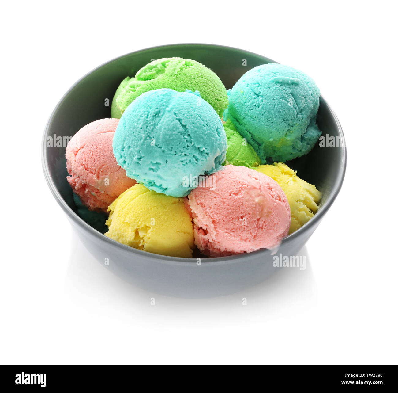 Bowl with colorful ice cream balls on white background Stock Photo Alamy