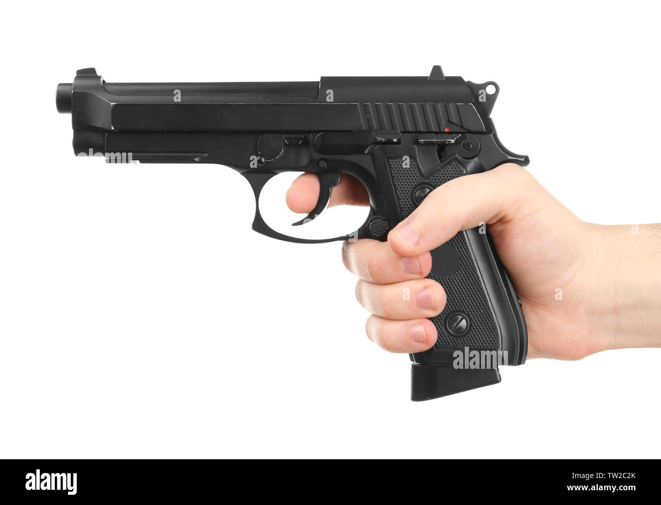 Male hand holding gun on white background Stock Photo - Alamy