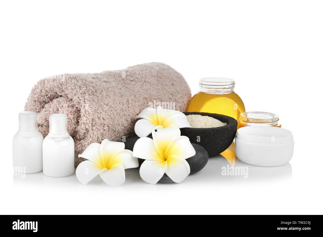 Spa setting with honey and nutrient cosmetic on white background Stock ...