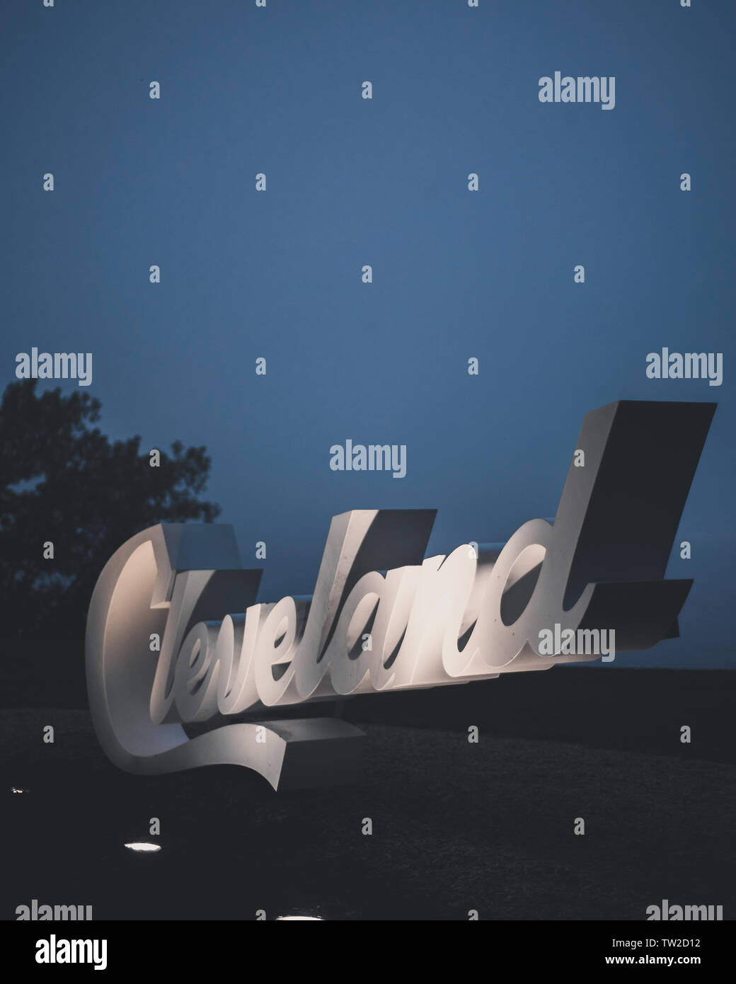 Cleveland Script Sign in Fog Stock Photo - Alamy