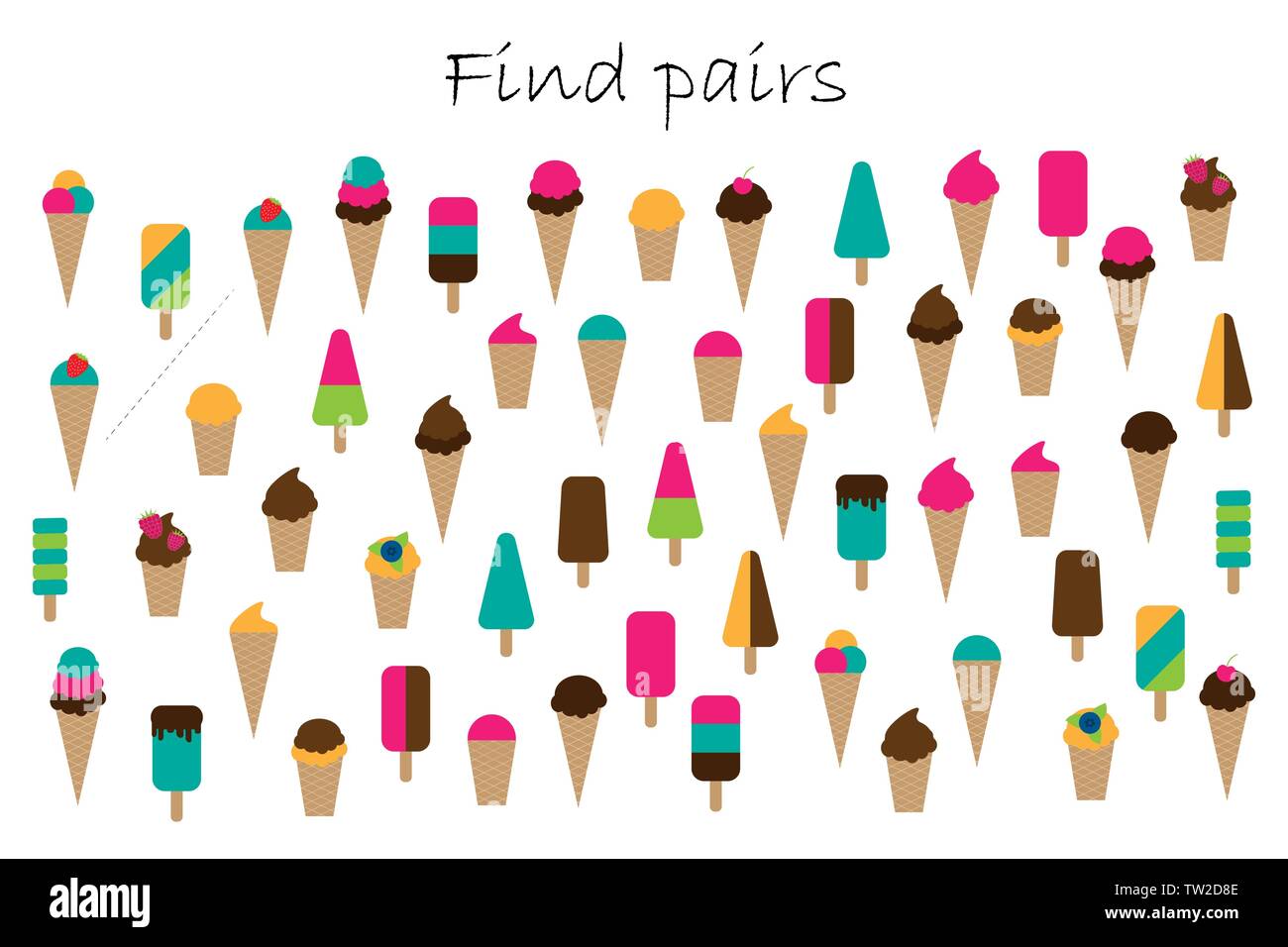 Find pairs of identical pictures, fun education game with summer ice ...