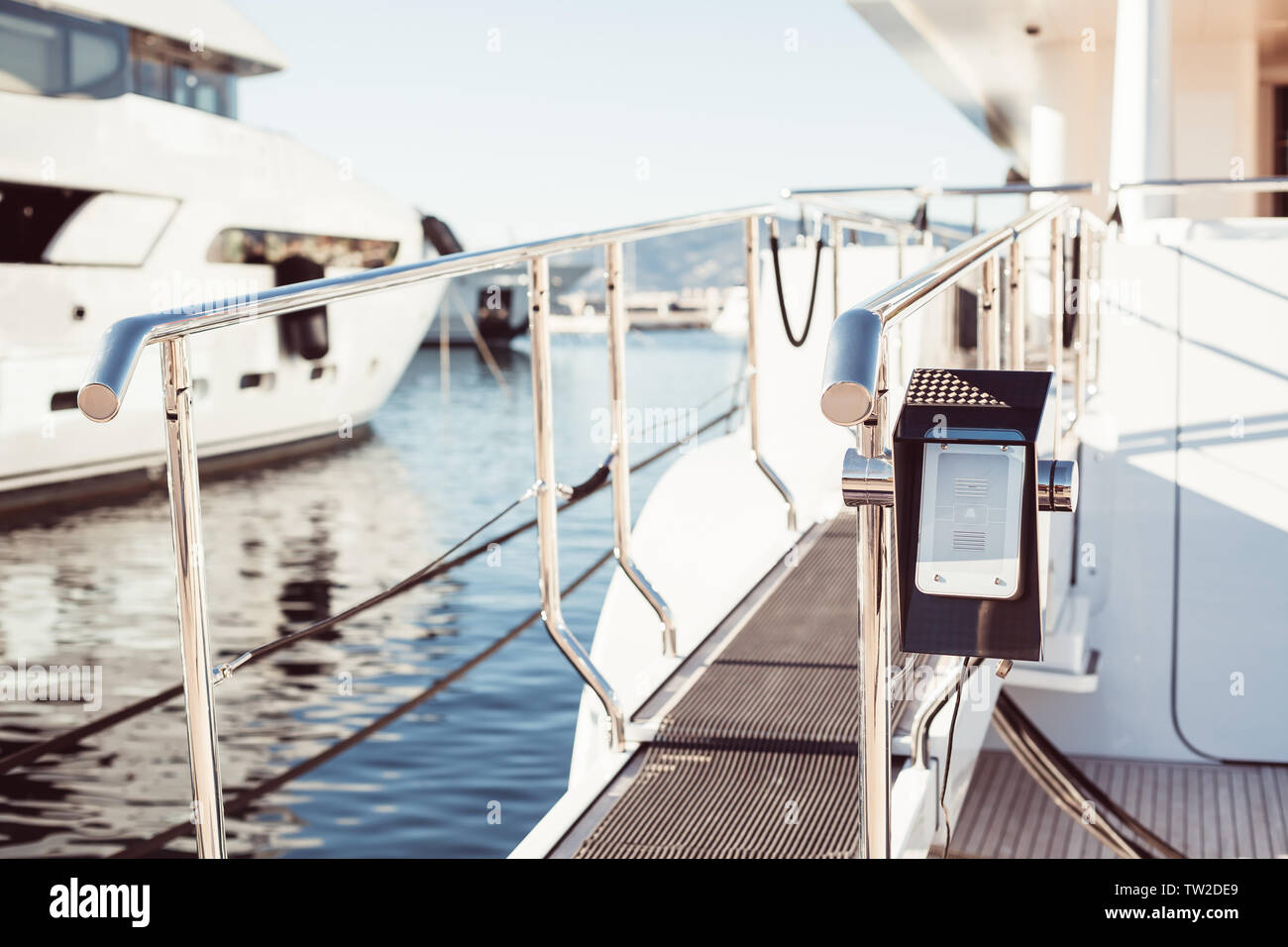 Bridge of private luxury ship with modern intercom system on entry in ...