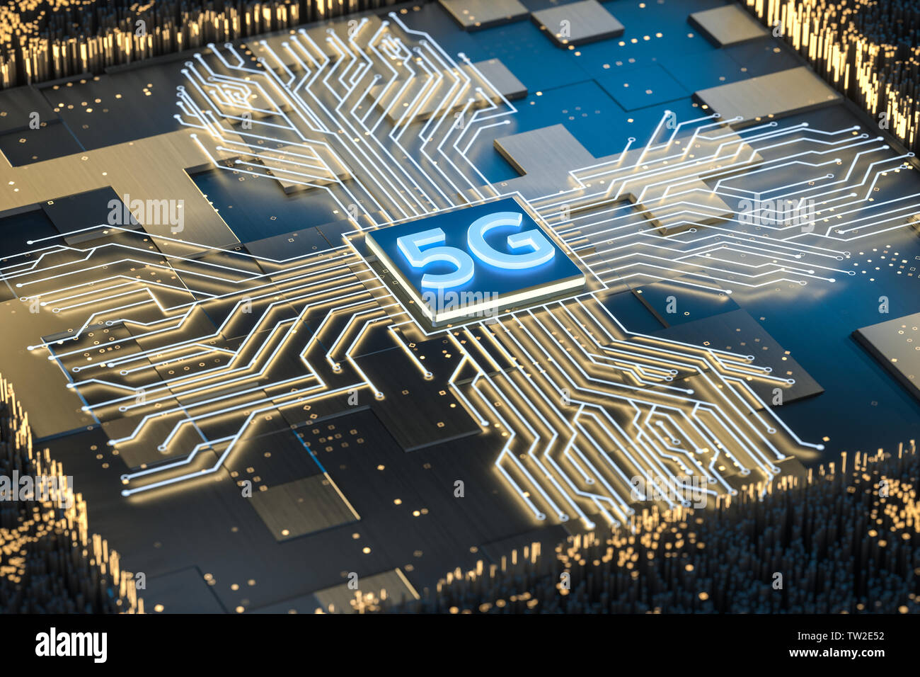 Three-dimensional rendering, 5G chip circuit, technology background ...