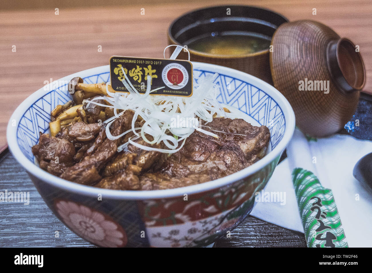 Wagyu Karubi Don waygyu beef rice bowl set meal served with miso soup ...