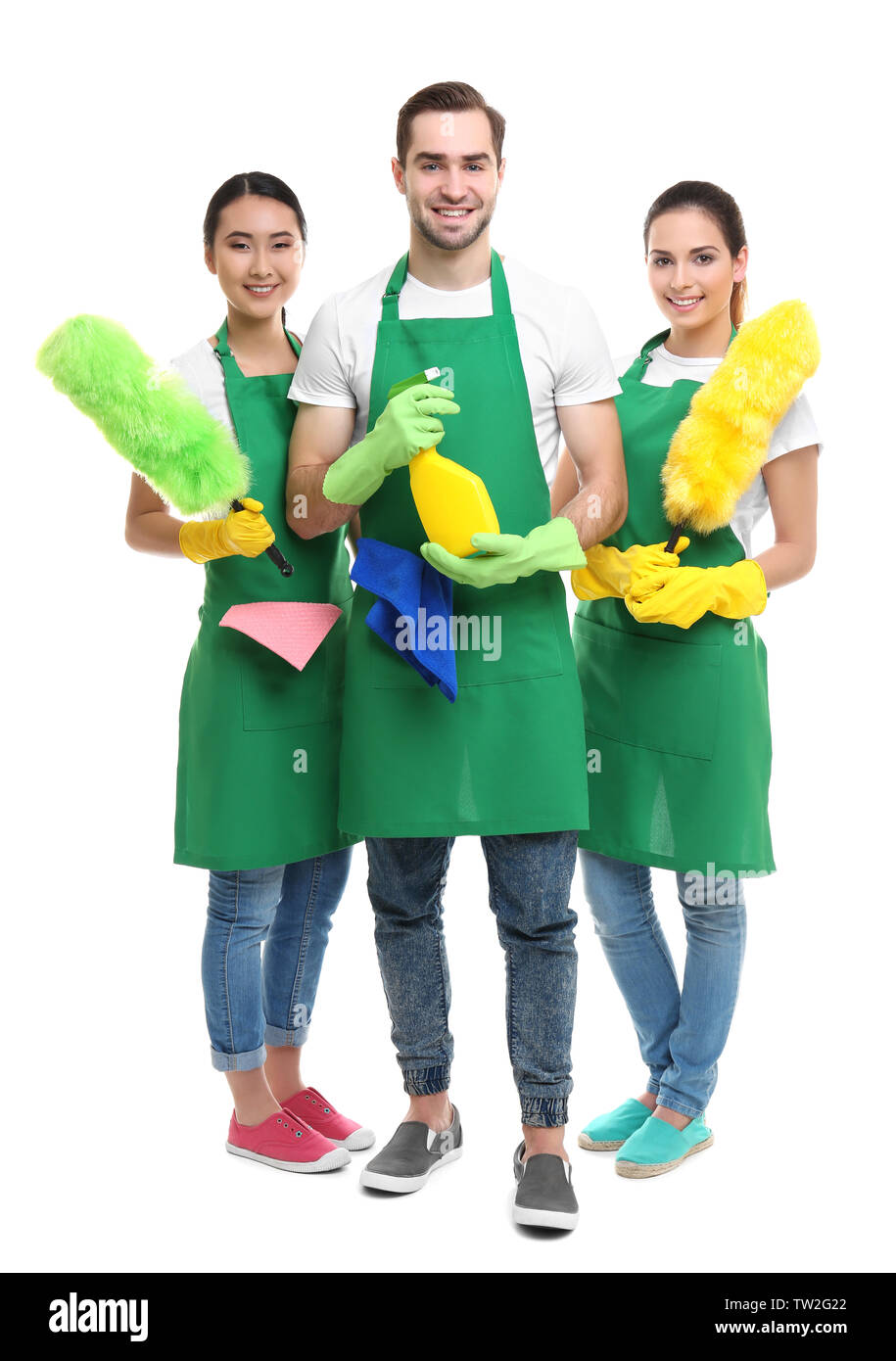 Cleaning service team in green aprons on white background Stock Photo ...