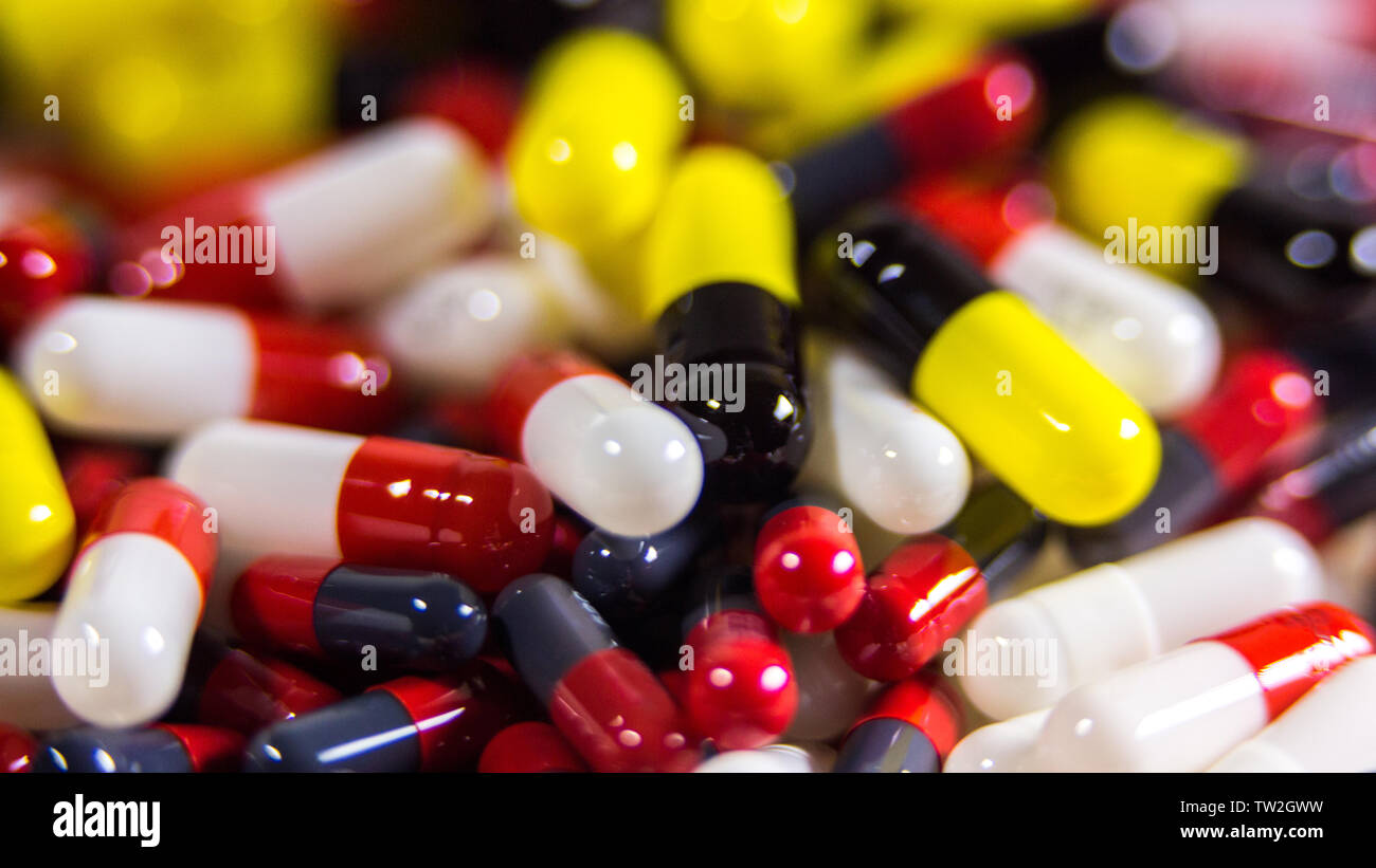 Close up of many different pills and tablets medicine isolated on white ...