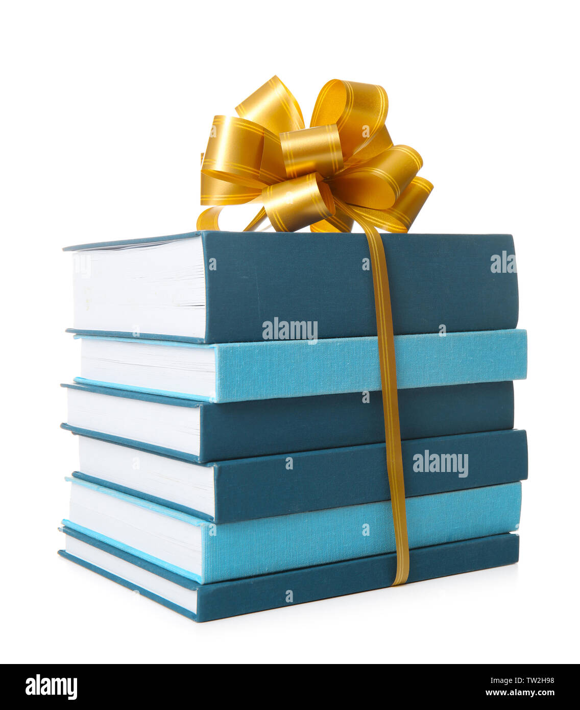 Stack of books with ribbon as gift on white background Stock Photo - Alamy