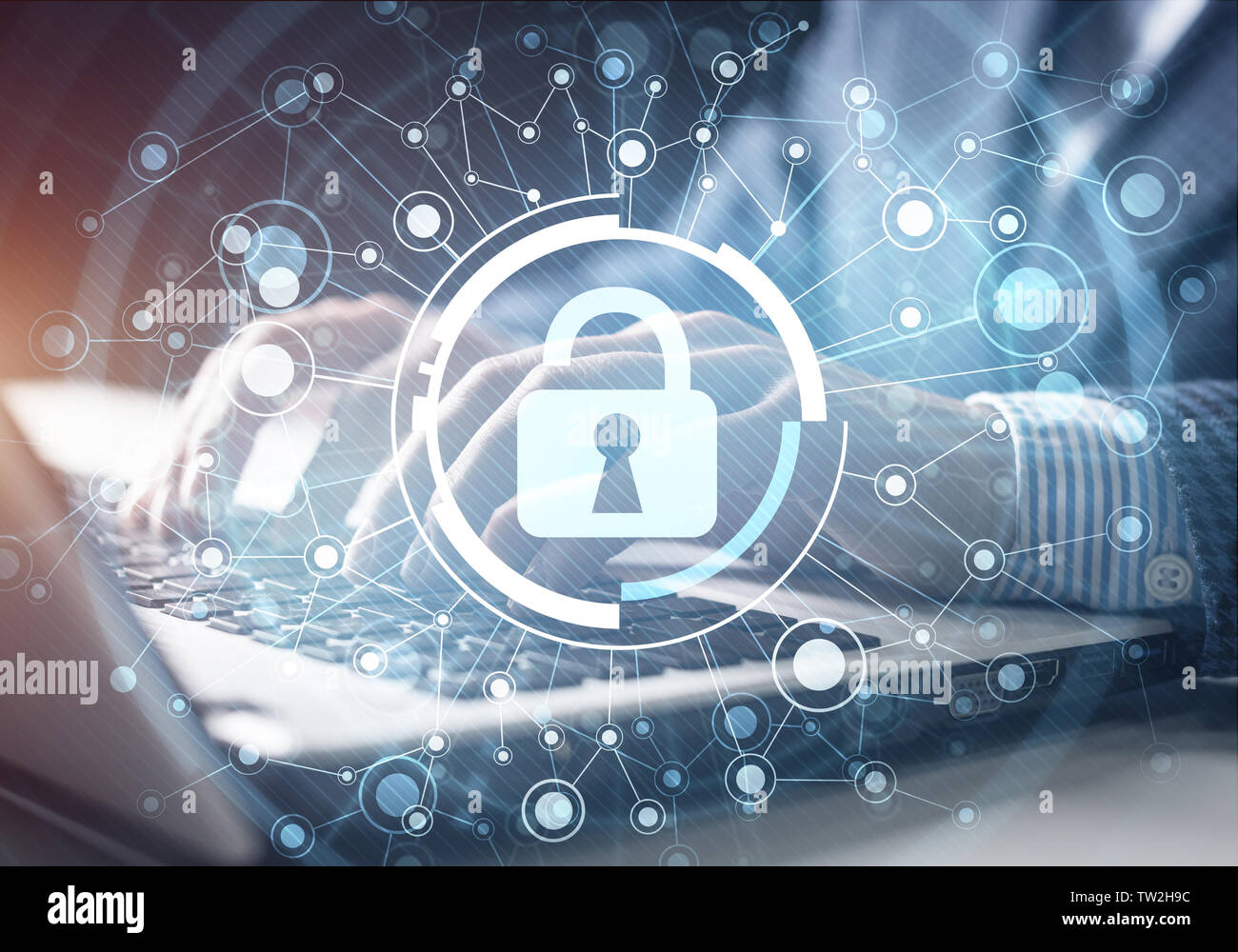 Digital cybersecurity and network protection concept. Virtual locking ...