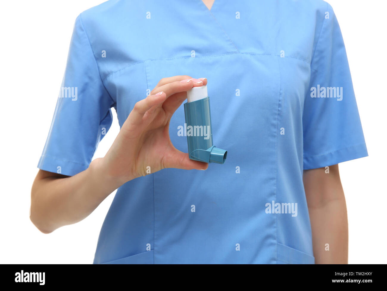 Female doctor with asthma inhaler on white background, closeup Stock ...