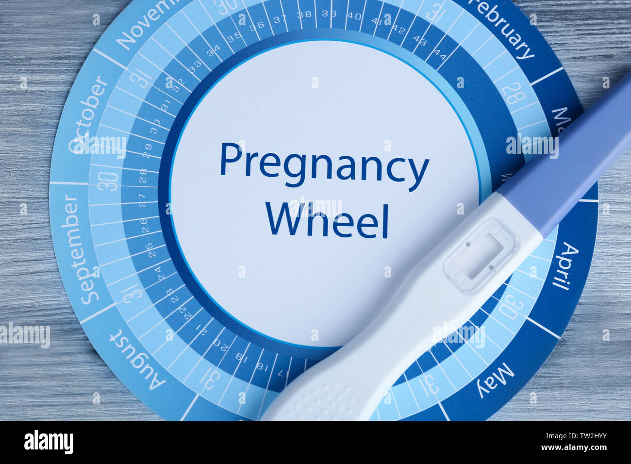 Pregnancy wheel calendar and test, closeup Stock Photo - Alamy