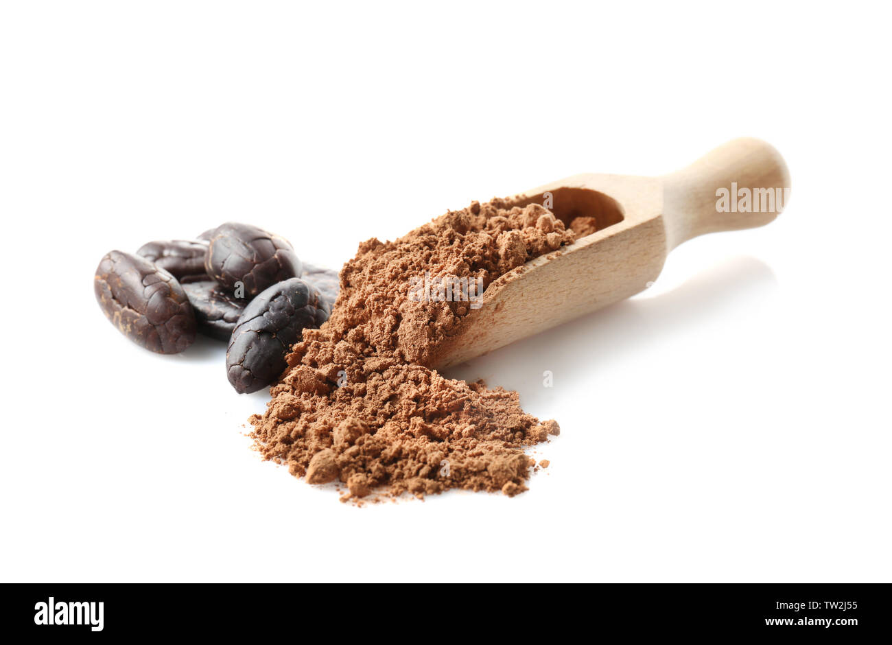 Wooden scoop with aromatic cocoa powder and beans on white background ...