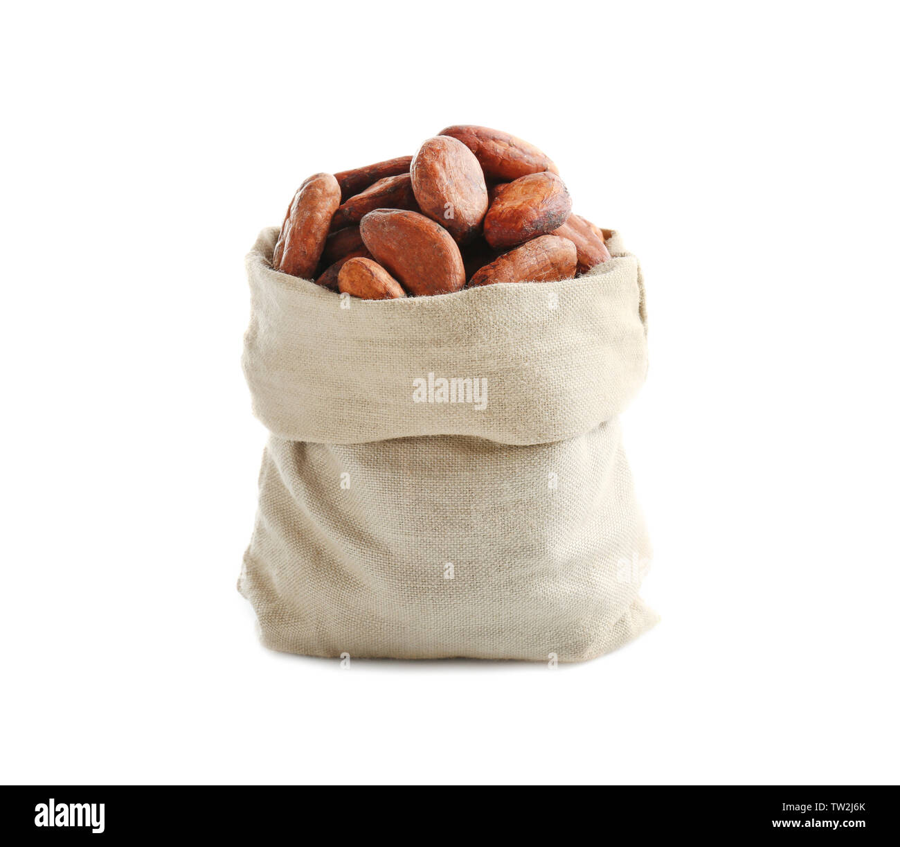 Burlap sack with aromatic cocoa beans on white background Stock Photo ...
