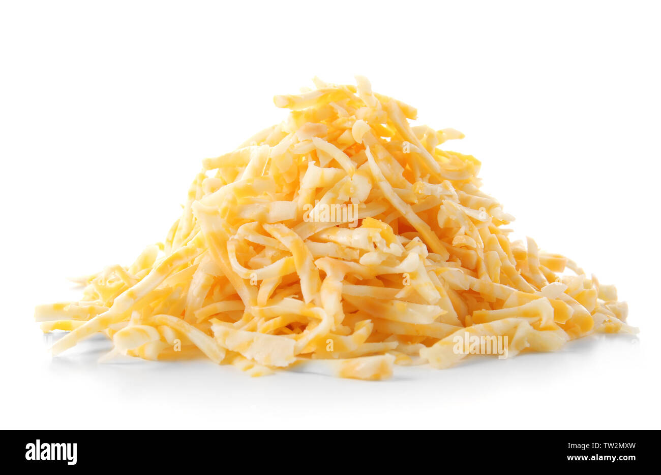 Pile of grated cheese on white background Stock Photo - Alamy