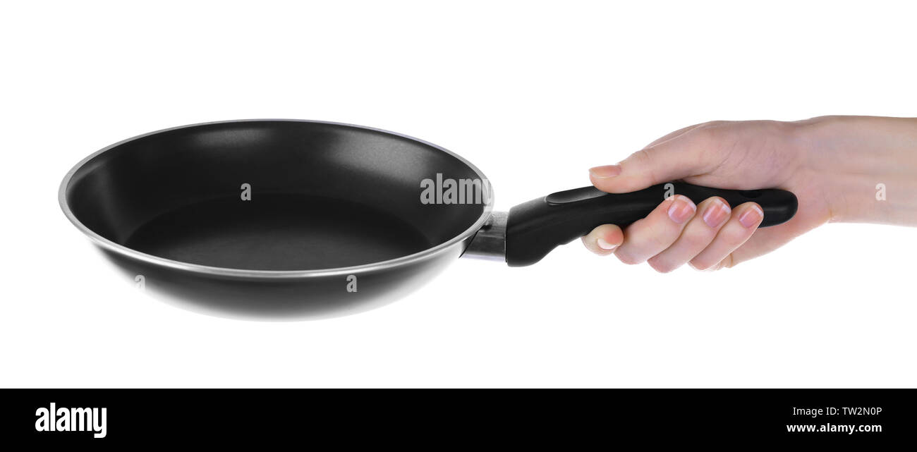 Woman holding frying pan for cooking classes on white background Stock ...