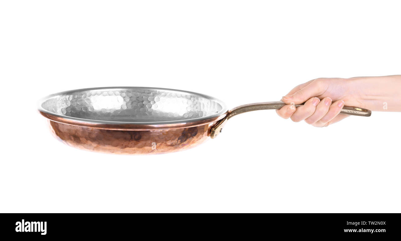 Woman holding frying pan for cooking classes on white background Stock ...