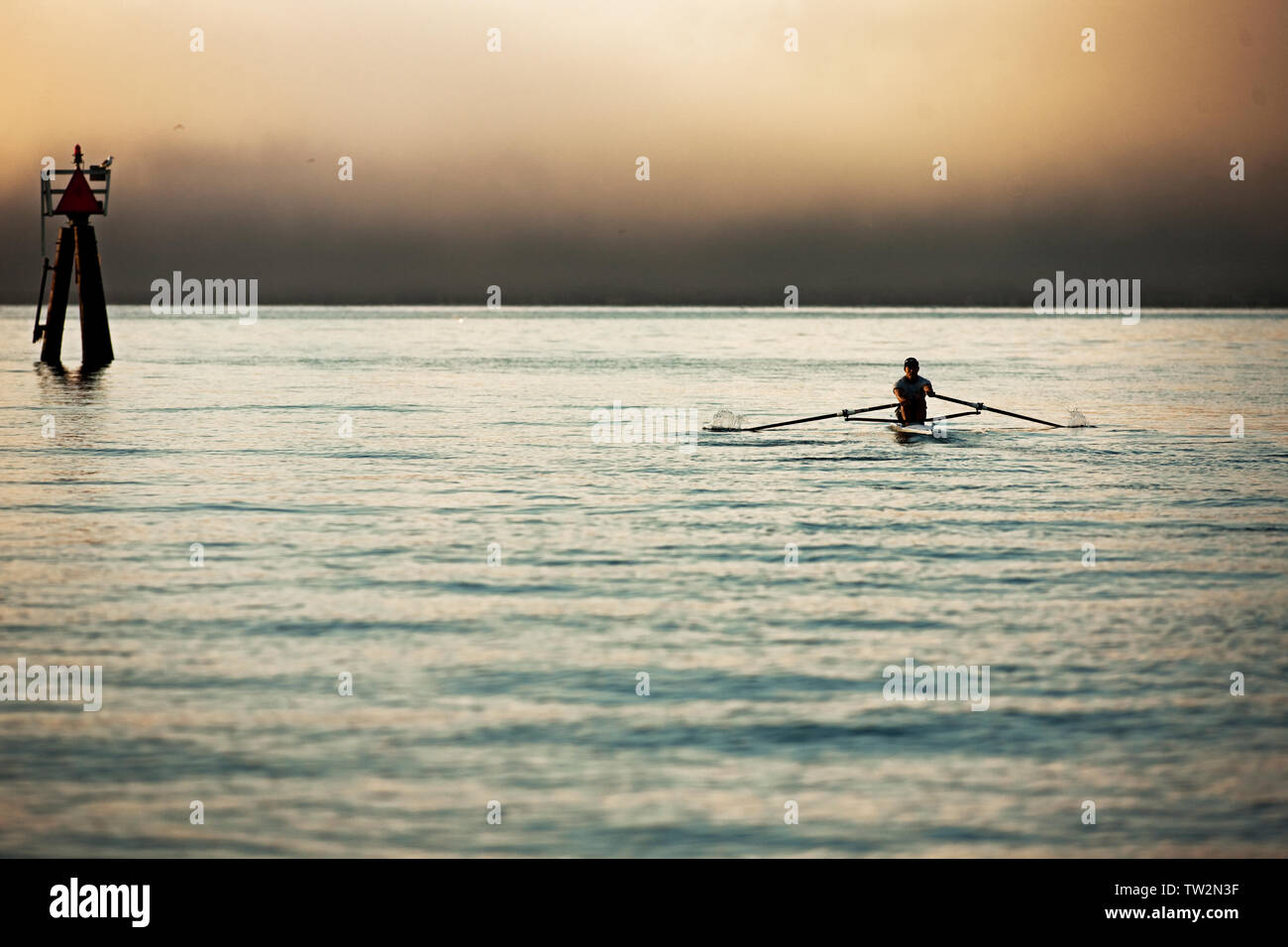 Mid-adult man sea rowing Stock Photo - Alamy