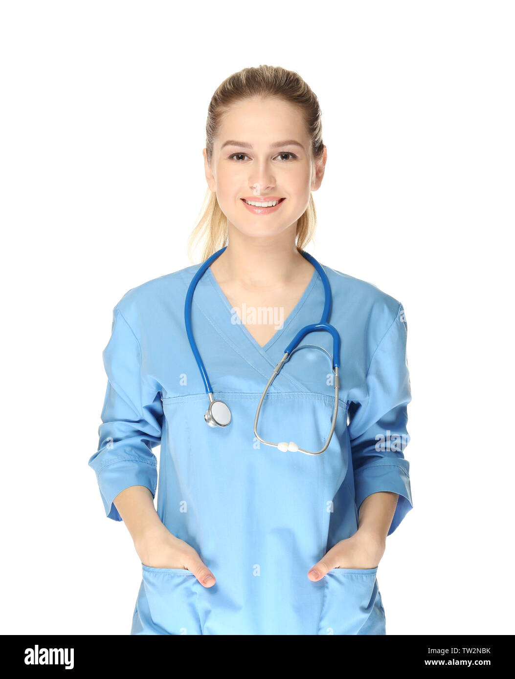 Young medical assistant with stethoscope on white background Stock ...