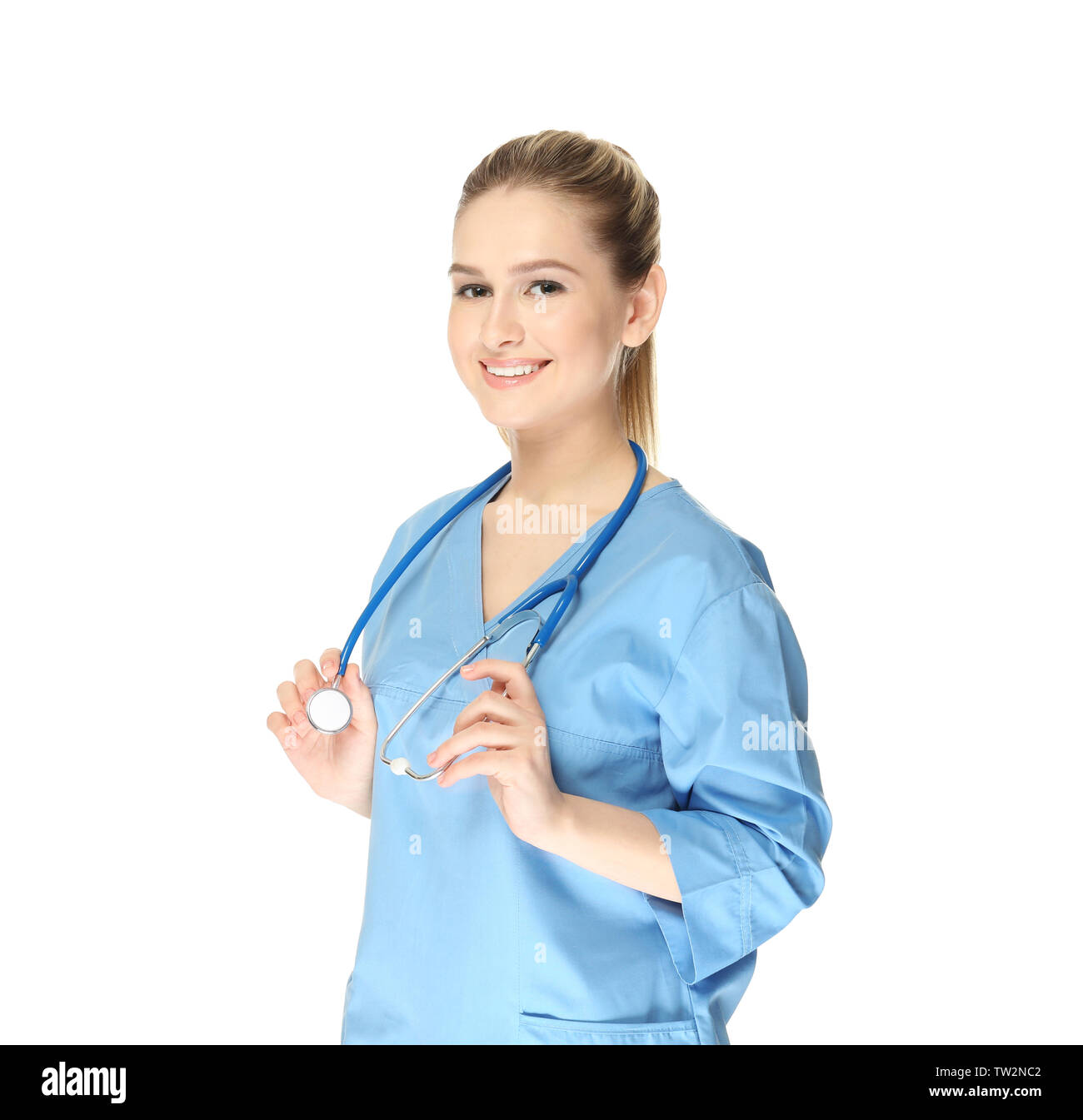 Young medical assistant with stethoscope on white background Stock ...