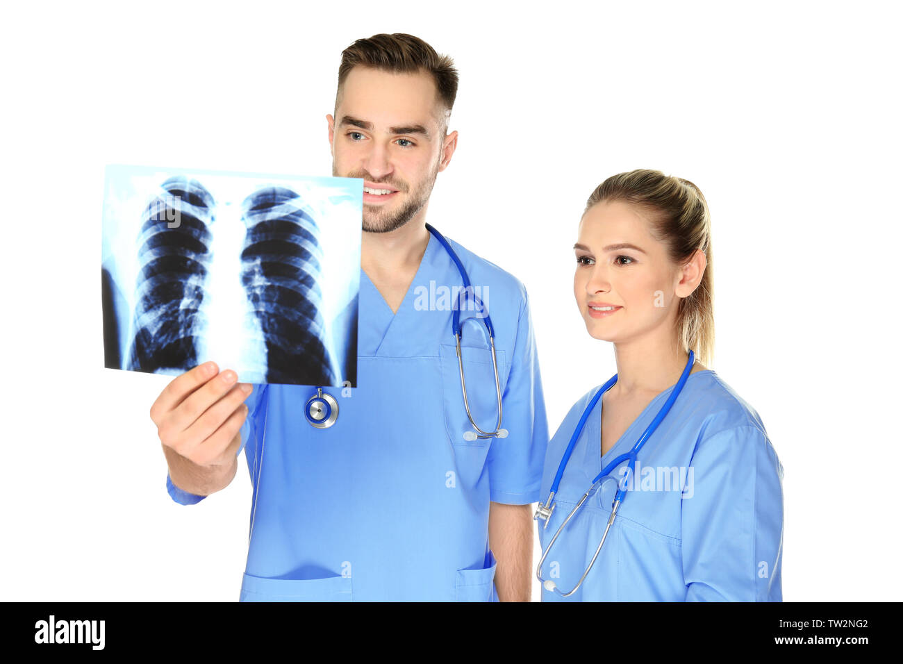Doctor and medical assistant with x-ray image on white background Stock ...