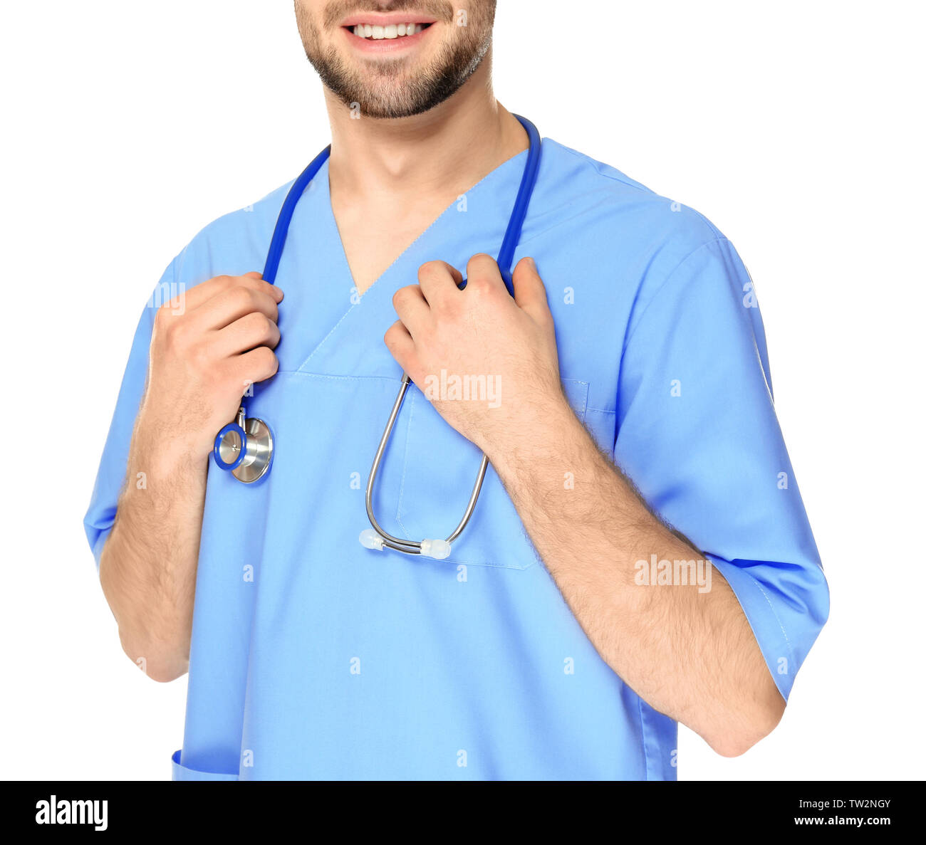 Young medical assistant with stethoscope on white background Stock ...
