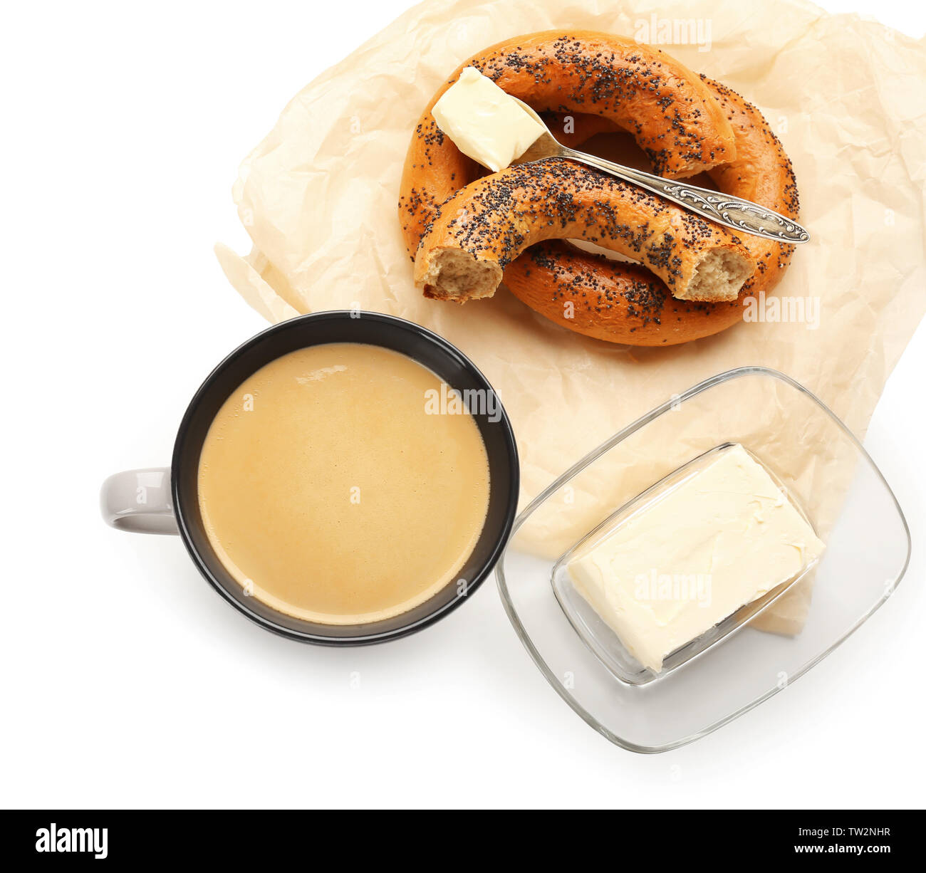 Composition with tasty butter coffee on white background Stock Photo ...