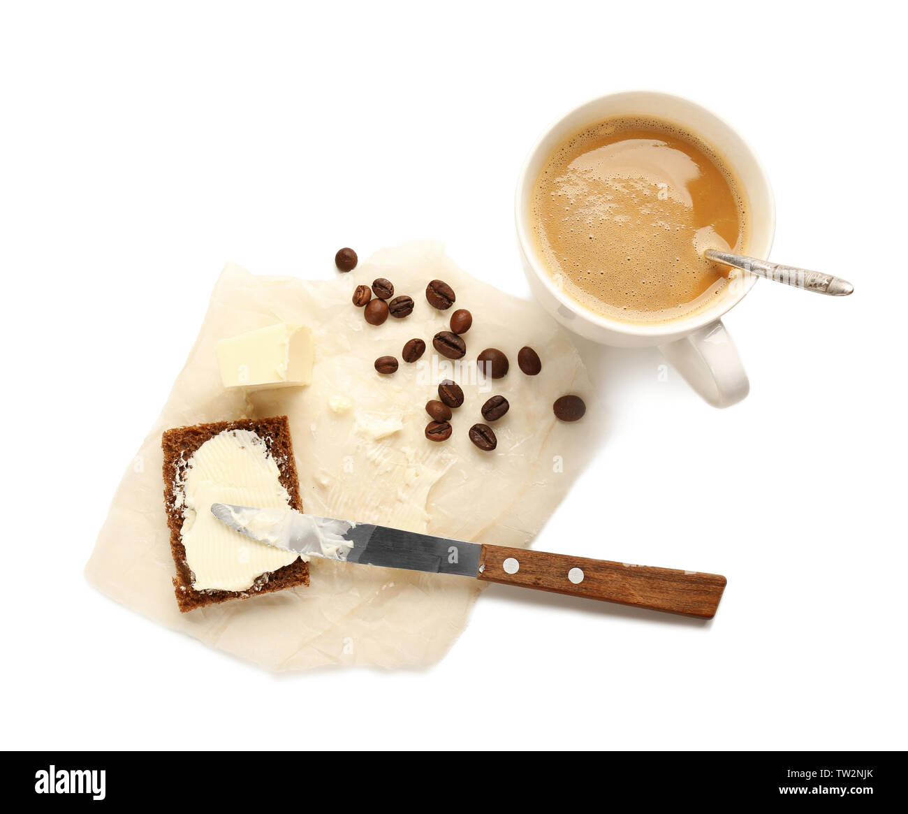 Composition with tasty butter coffee on white background Stock Photo ...