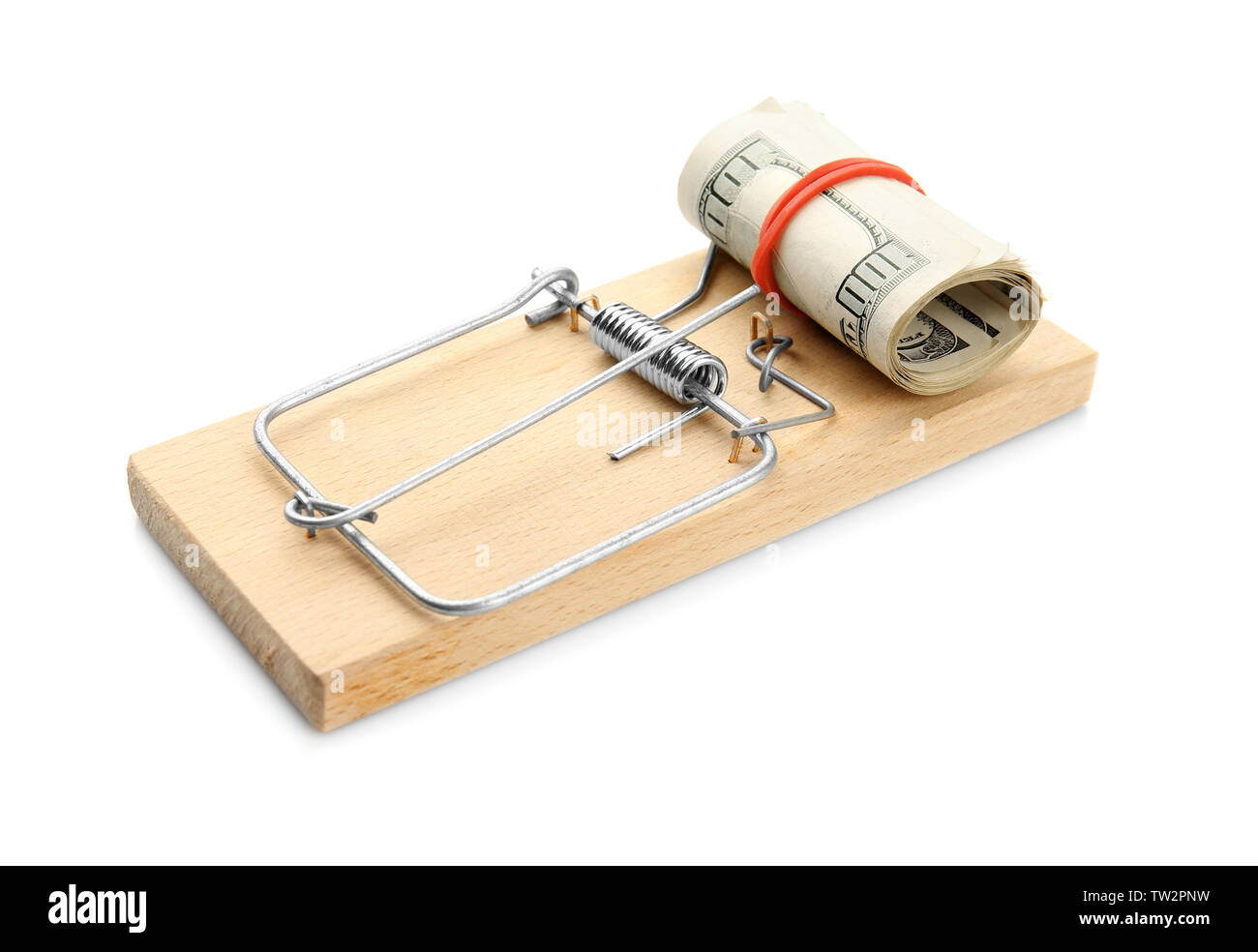 Pile of banknotes in mouse trap on white background. Concept of money ...