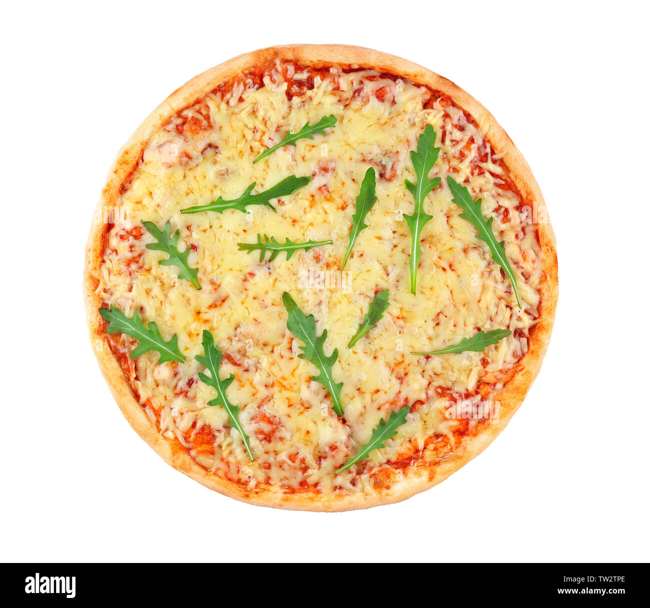 Delicious pizza with melted cheese and rocket salad on white background ...