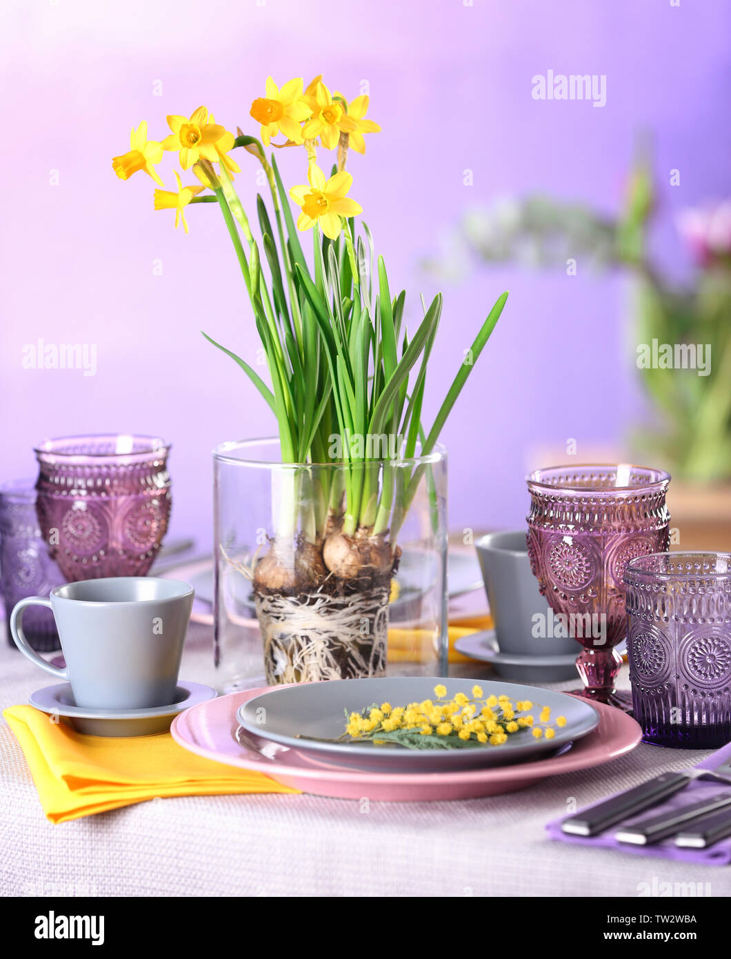 Beautiful table setting on blurred background Stock Photo - Alamy