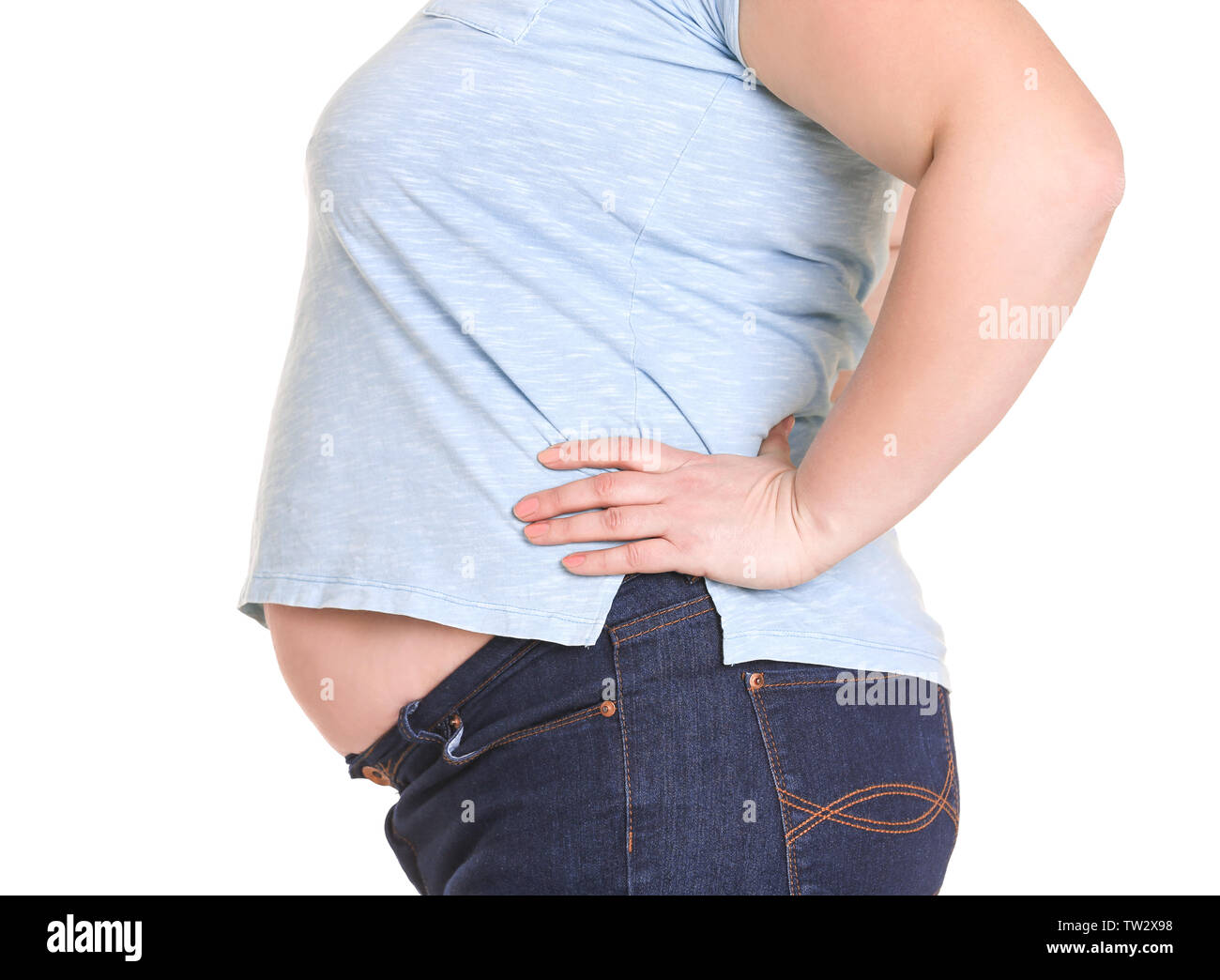 Stout adult woman on white background. Weight loss concept Stock Photo ...
