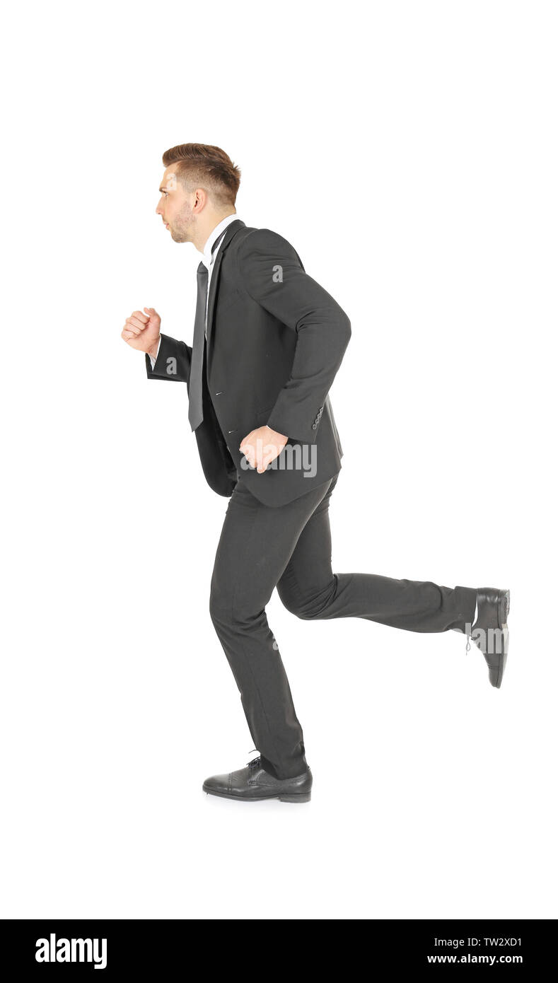 Handsome running businessman on white background Stock Photo - Alamy