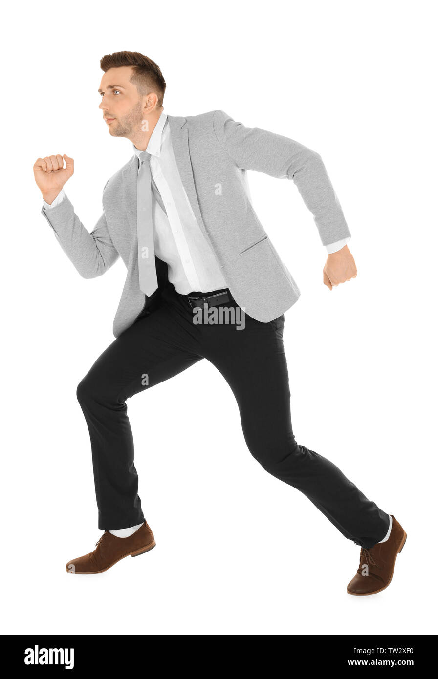 Handsome running businessman on white background Stock Photo - Alamy