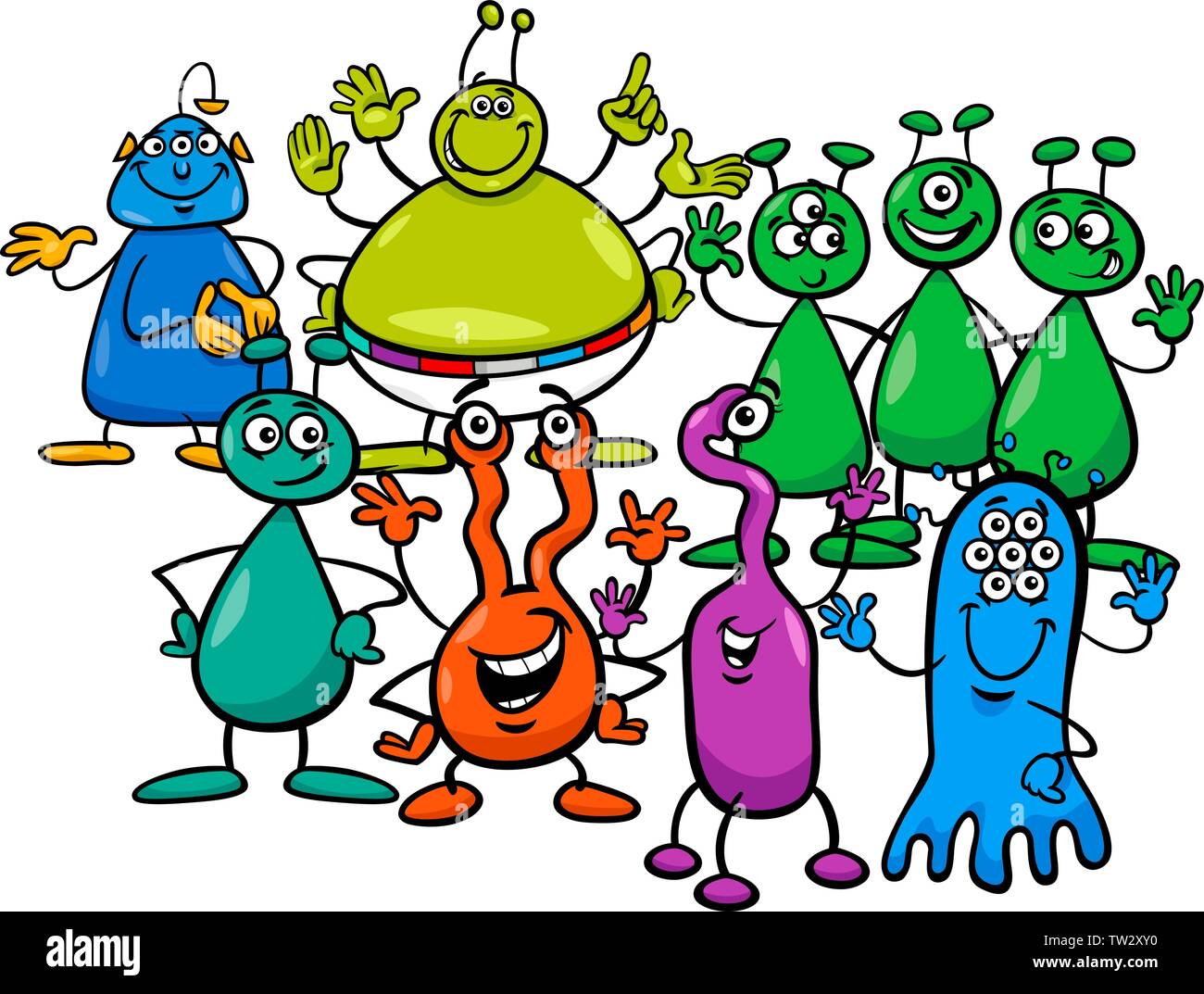 Cartoon Illustration of Happy Aliens Fantasy Characters Group Stock ...