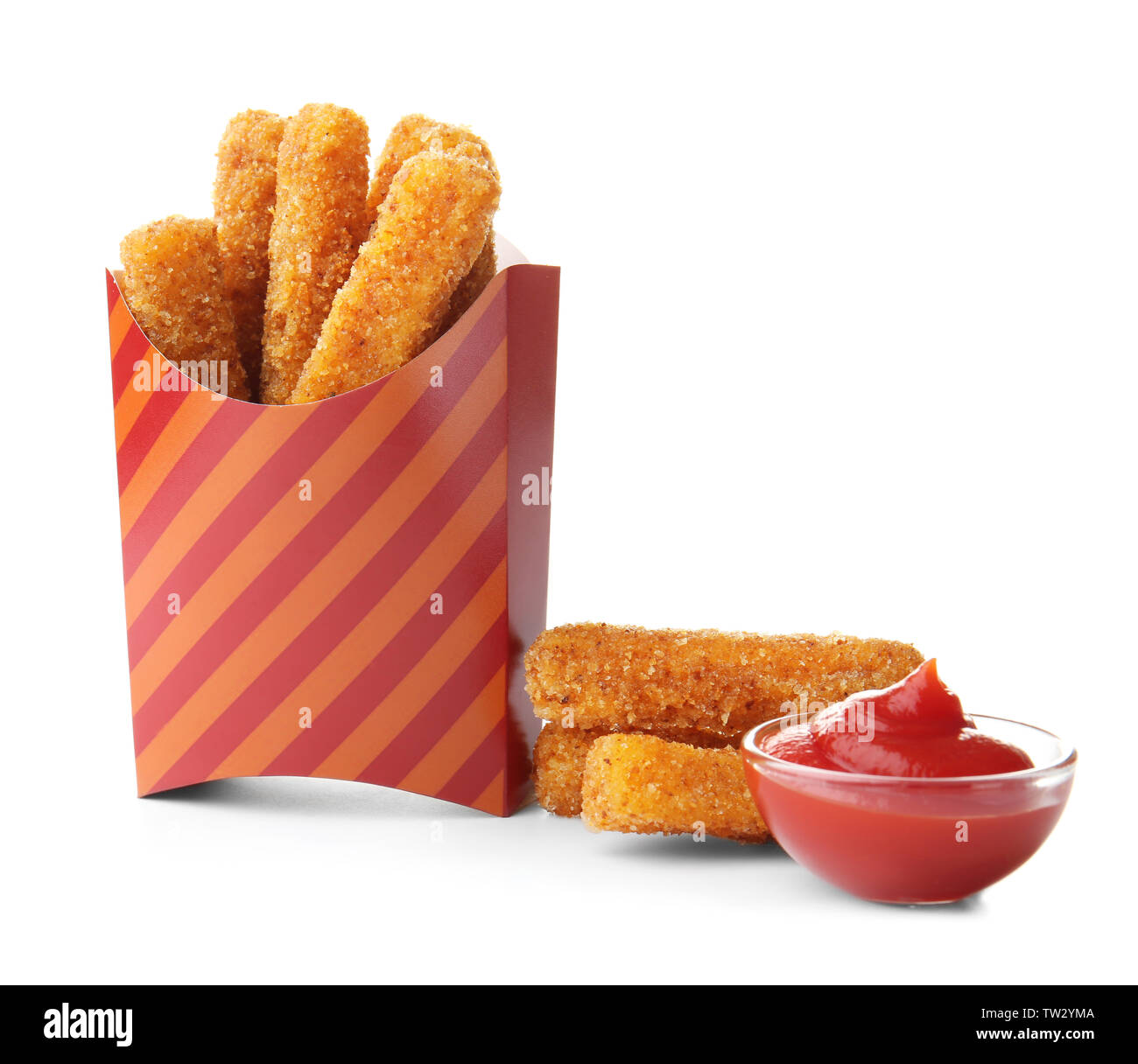 Paper bag with cheese sticks and sauce on white background Stock Photo ...