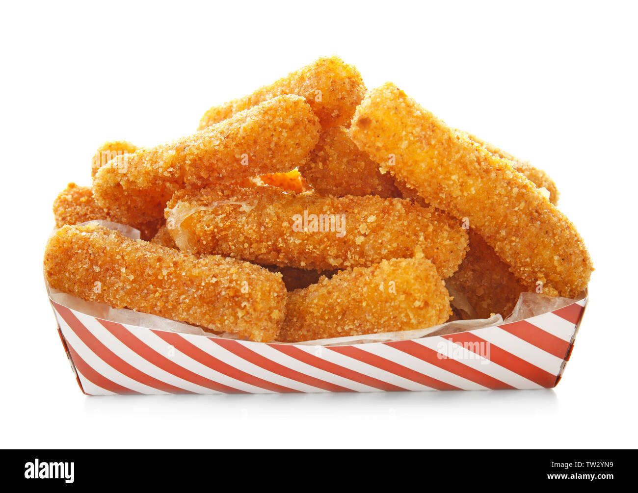 Paper box with cheese sticks on white background Stock Photo - Alamy