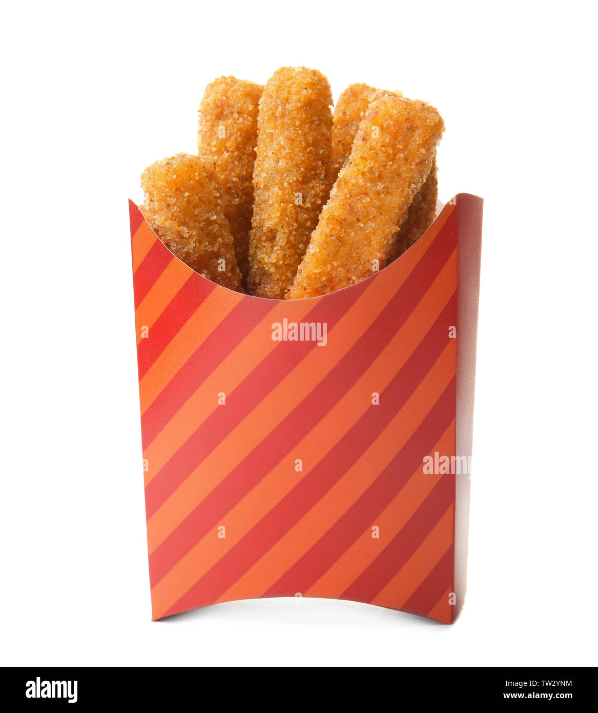 Paper bag with cheese sticks on white background Stock Photo - Alamy