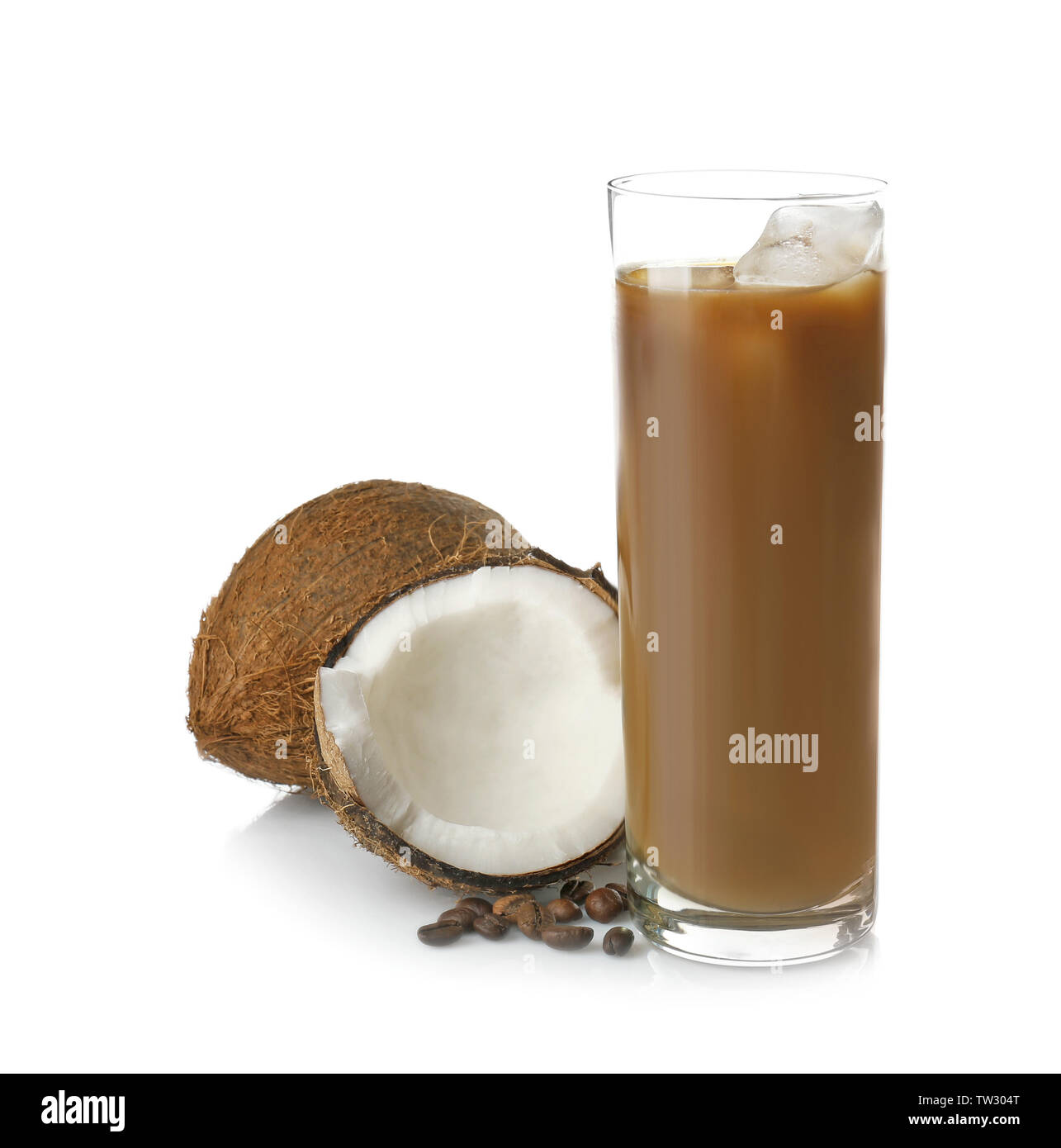 Glass of coconut coffee with nut and beans on white background Stock ...
