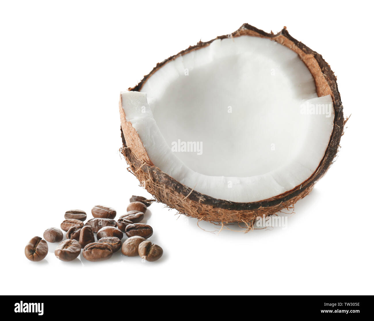 Coconut and coffee beans on white background Stock Photo - Alamy