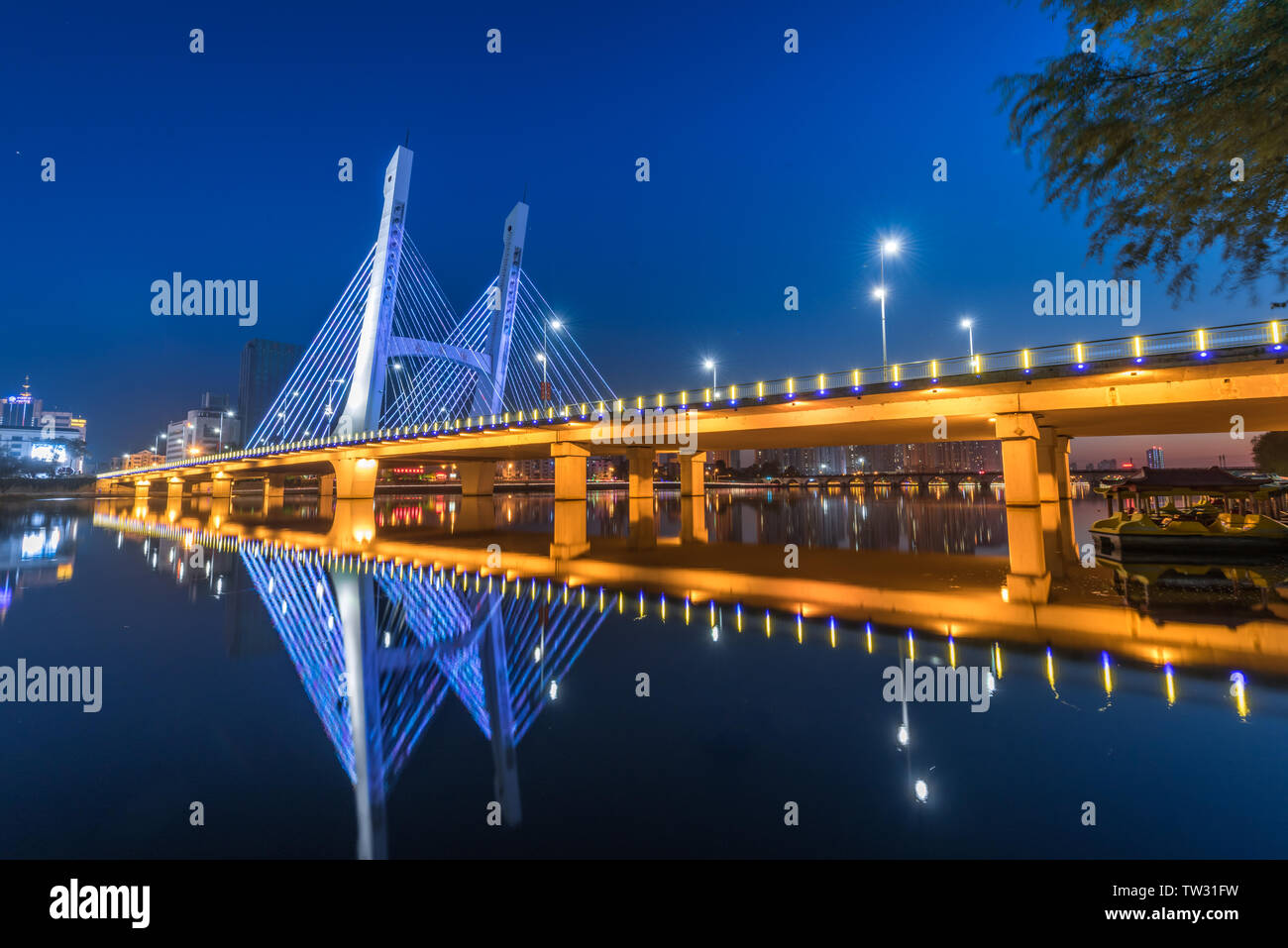 Lighting night view of cross-river bridge in Fushun city, China in ...