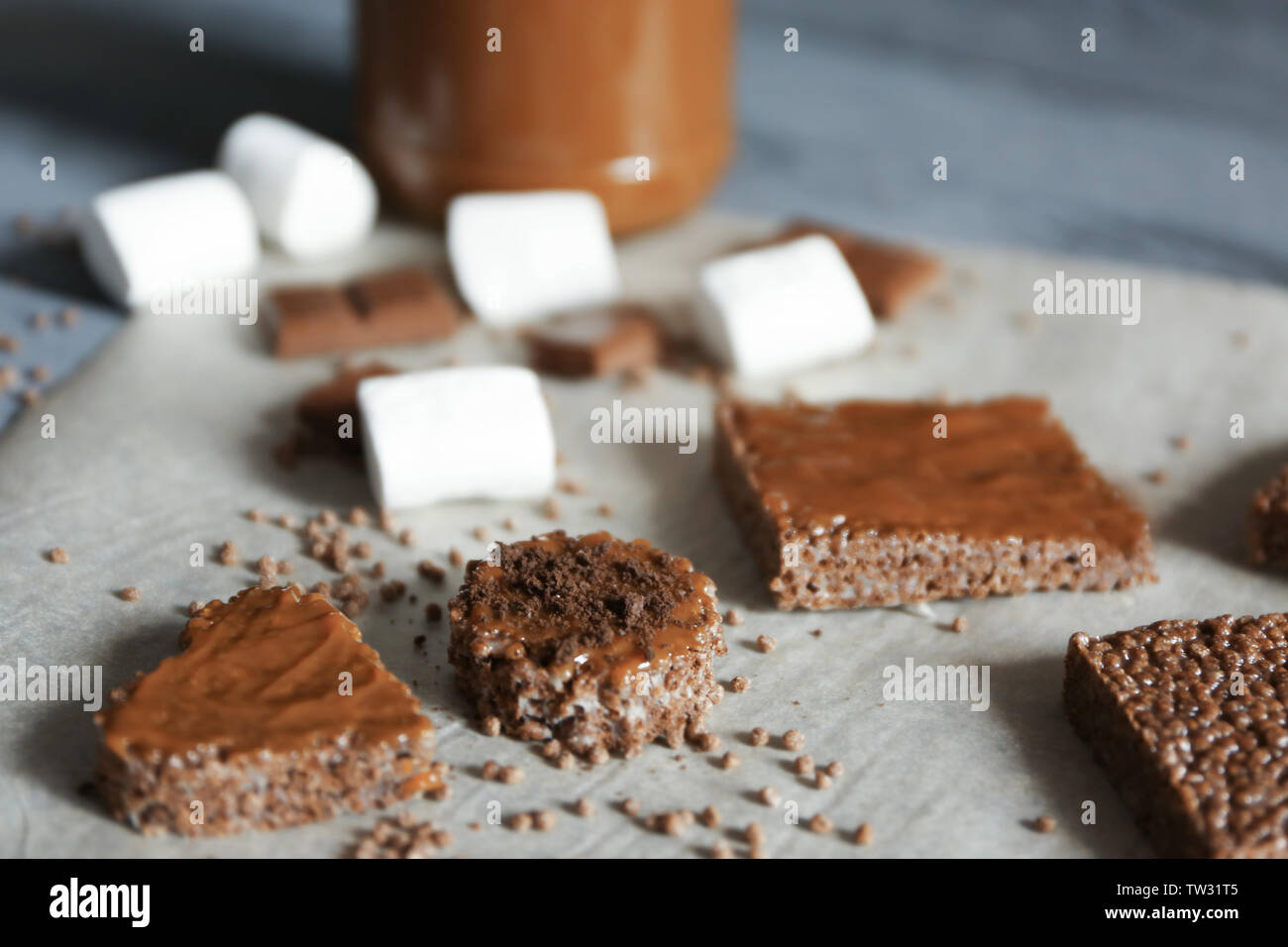 Rice crispy treats on parchment paper Stock Photo - Alamy