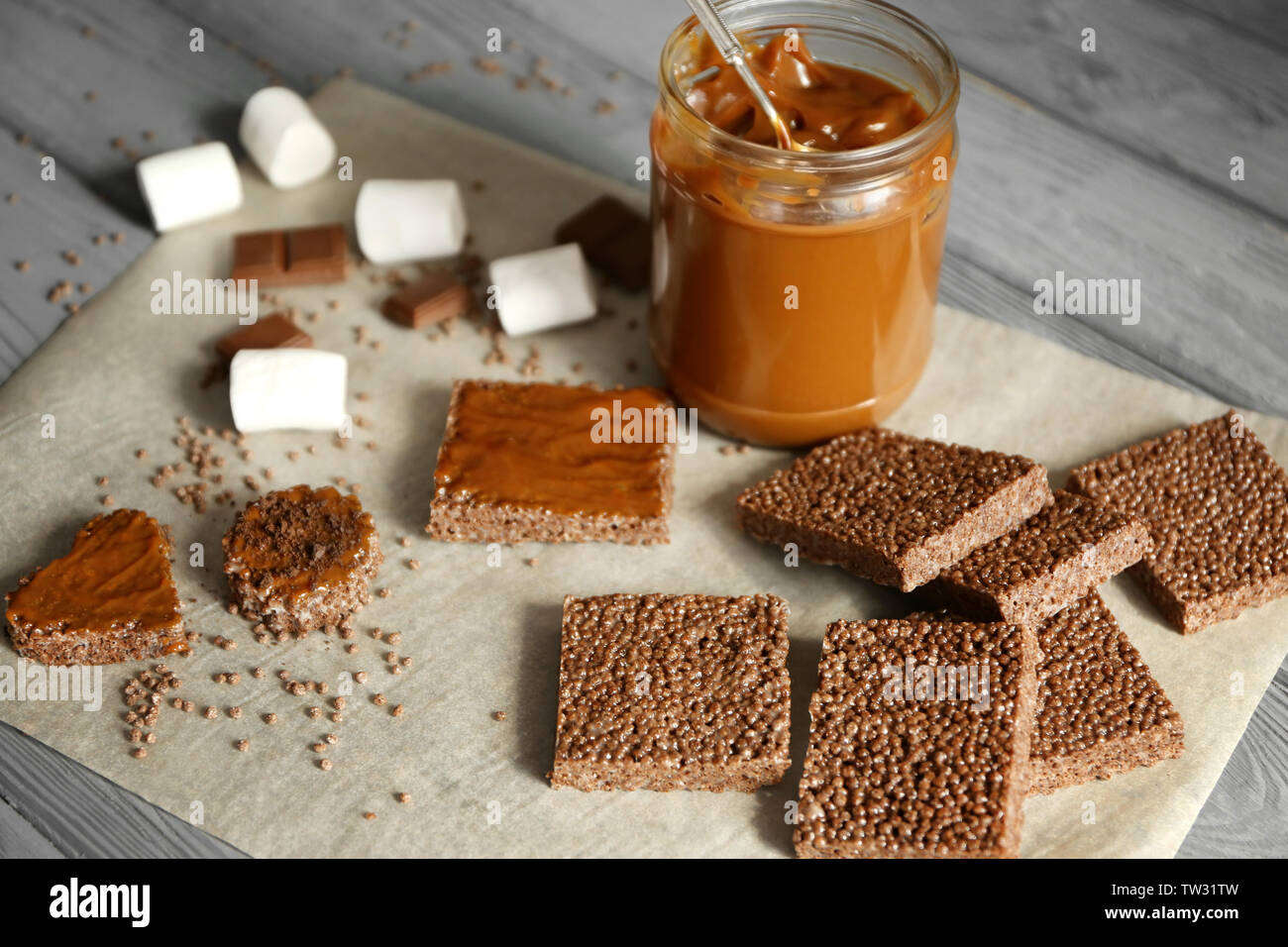 Rice crispy treats on parchment paper Stock Photo - Alamy