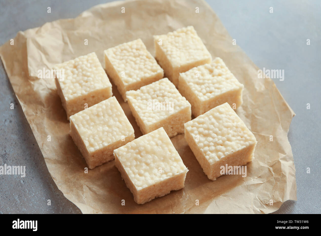 Rice crispy treats on parchment paper Stock Photo - Alamy