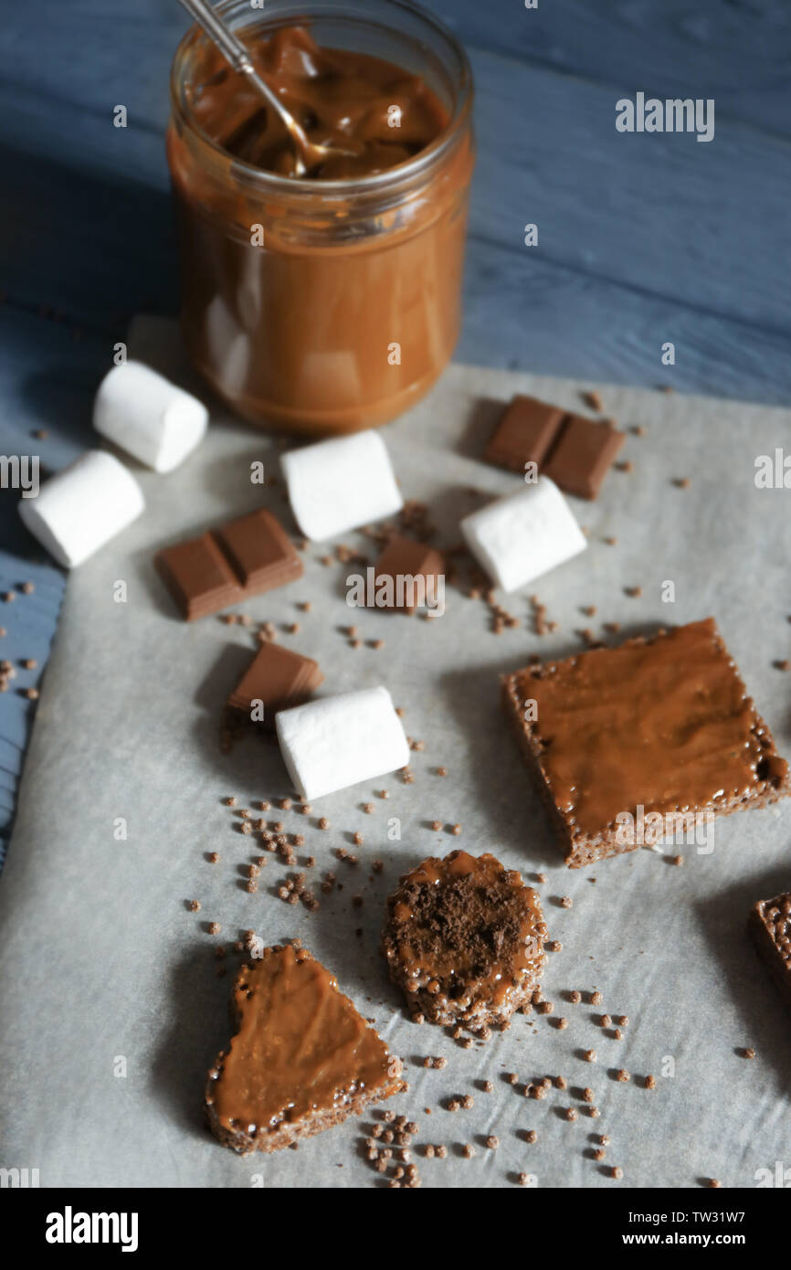 Rice crispy treats on parchment paper Stock Photo - Alamy