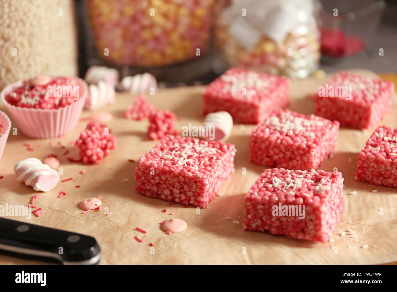 Rice crispy treats on parchment paper Stock Photo - Alamy