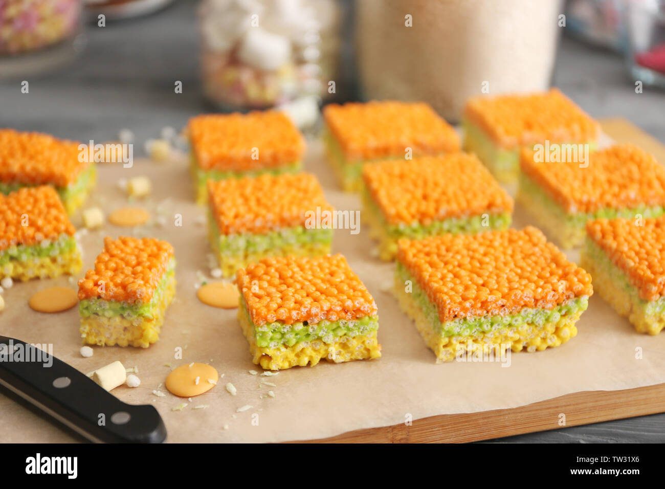 Rice crispy treats on parchment paper Stock Photo - Alamy