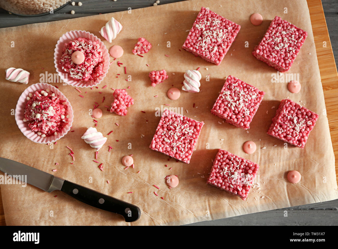 Rice crispy treats on parchment paper Stock Photo - Alamy