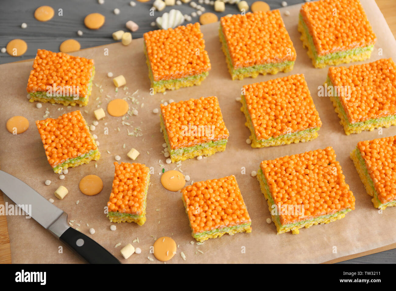 Rice crispy treats on parchment paper Stock Photo - Alamy